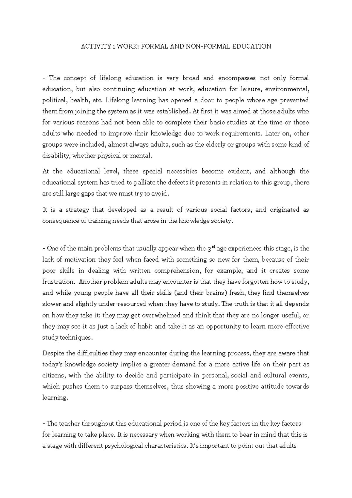 Activity 1 - Formal, NON- Formal ED - ACTIVITY 1 WORK: FORMAL AND NON ...