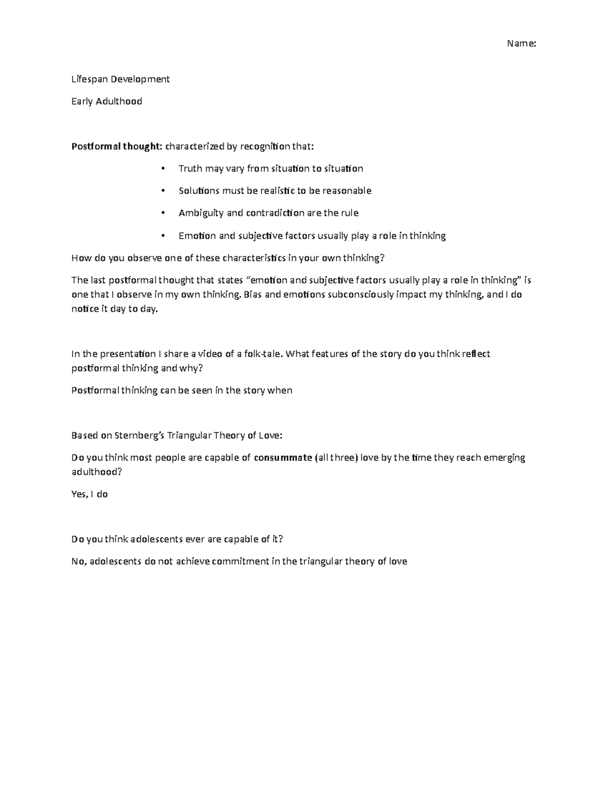 Worksheet - Early Adulthood - Lifespan Development Early Adulthood ...