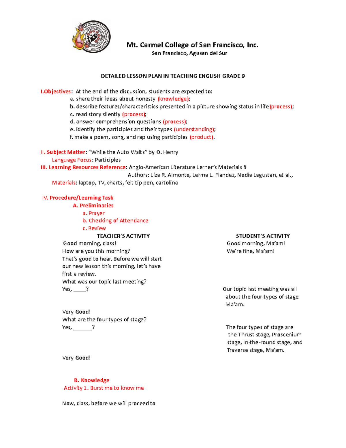 Detailed- Lesson-PLAN-IN- English- FTC 4 - Mt. Carmel College of San ...