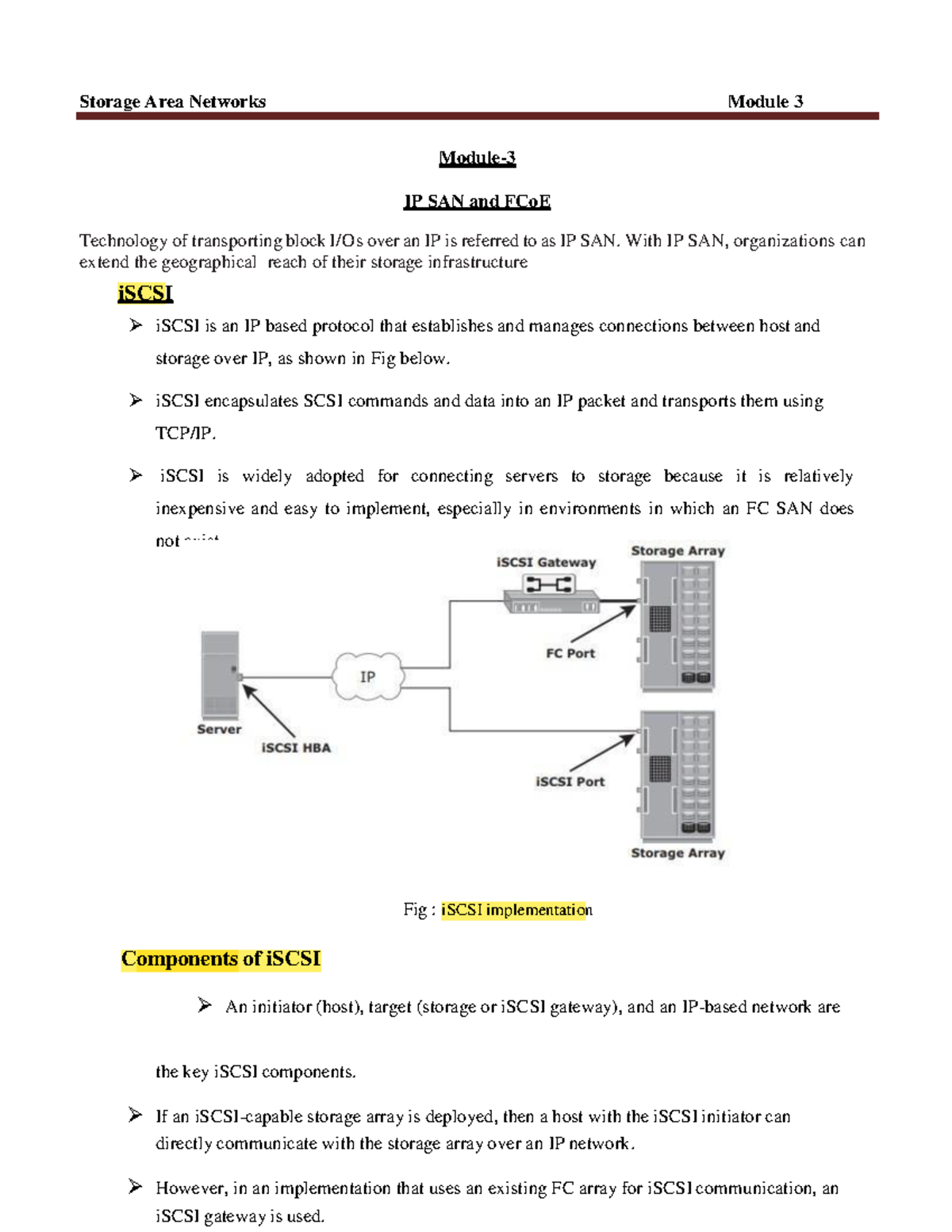 SAN MOD 3 Final - MOD 3 NOTS - Module- IP SAN and FCoE Technology of transporting block I/Os ...