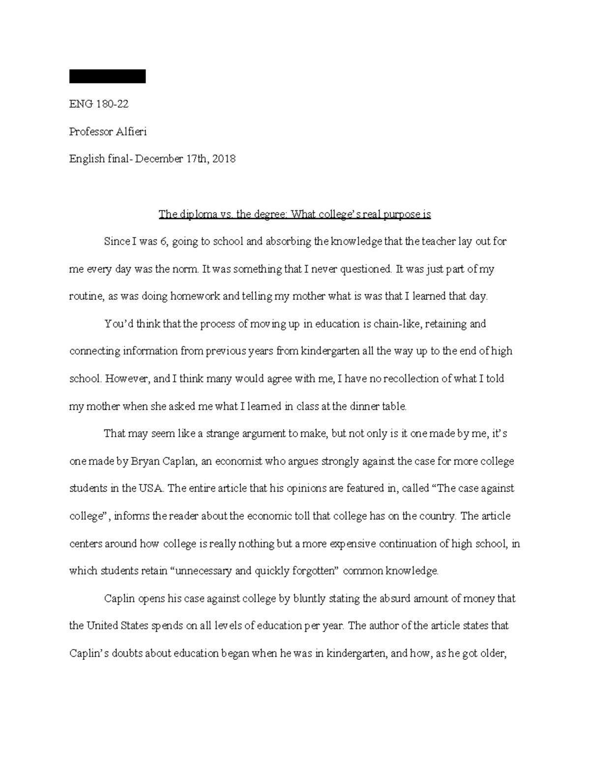 English Final - Grade: B - Ella MacCallum ENG 180- Professor Alfieri ...