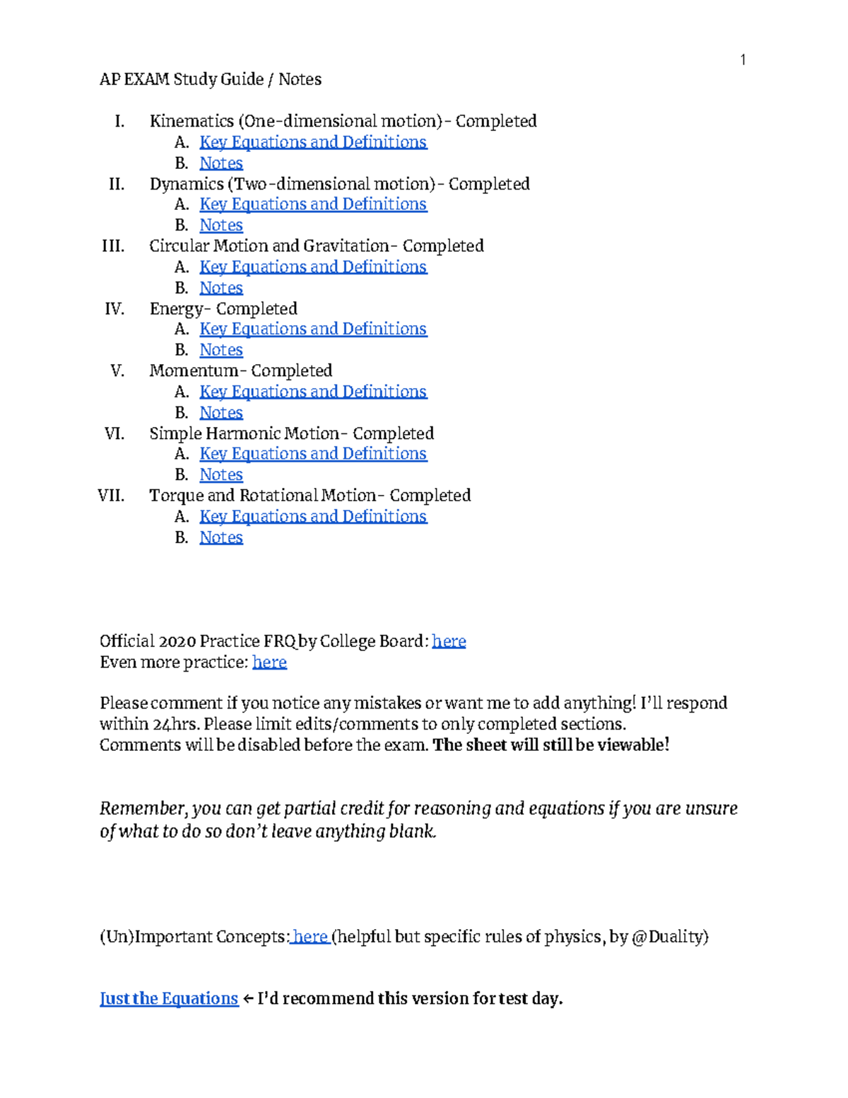AP Physics I EXAM Study Guide Notes - 1 AP EXAM Study Guide / Notes I ...