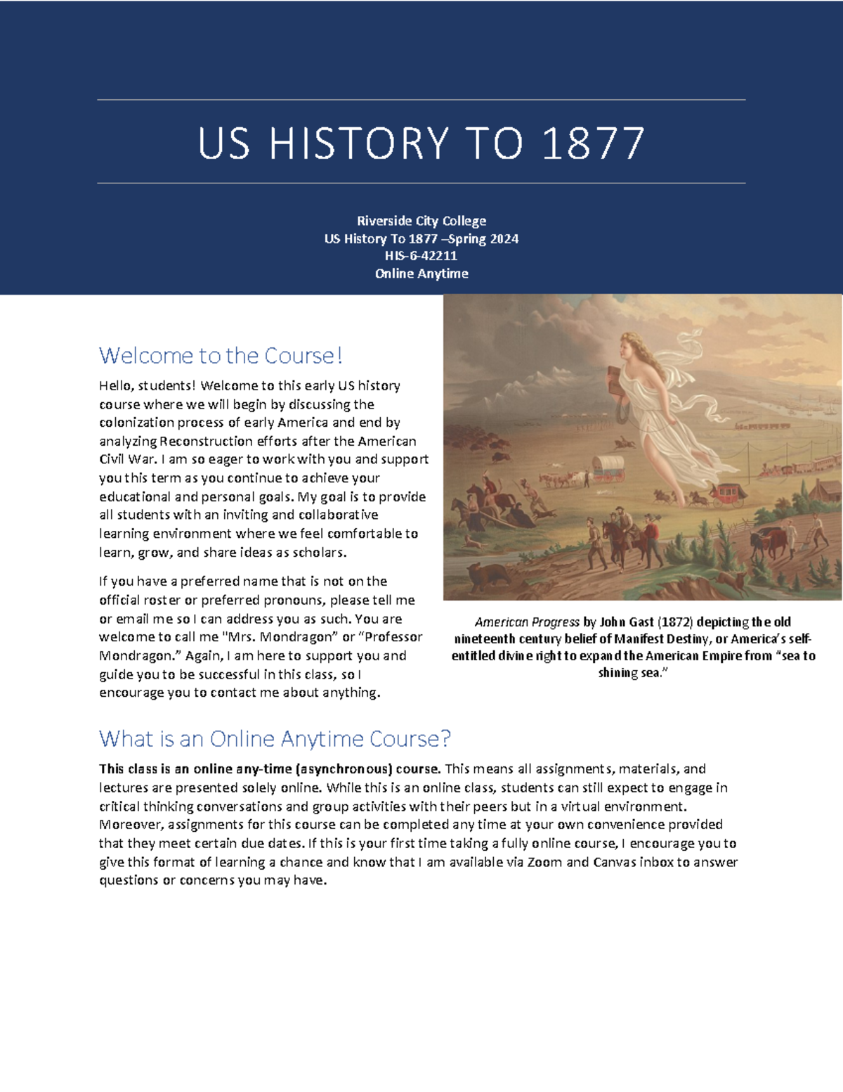 Rccsyllabus His6 42211 Sp24 - Us History To 1877 Riverside City College 