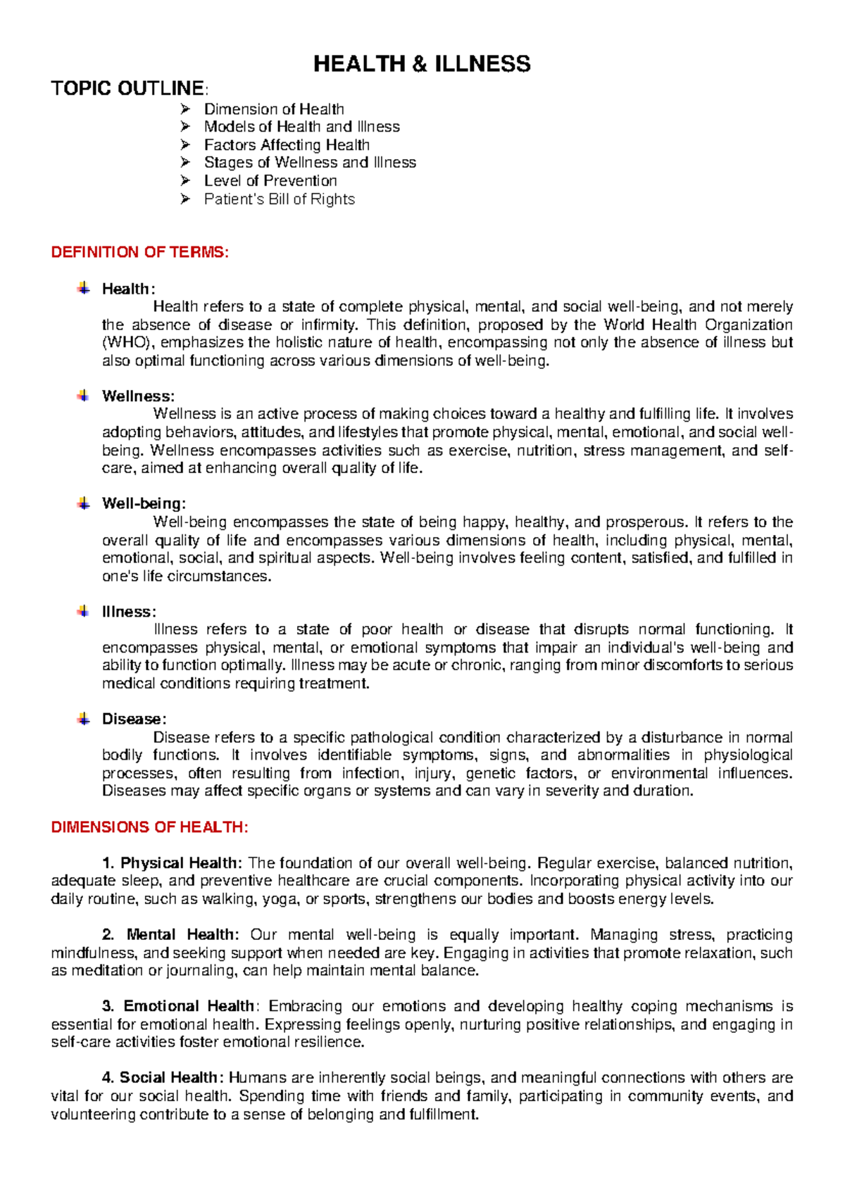 Health AND Illness Handouts - HEALTH & ILLNESS TOPIC OUTLINE: Dimension ...