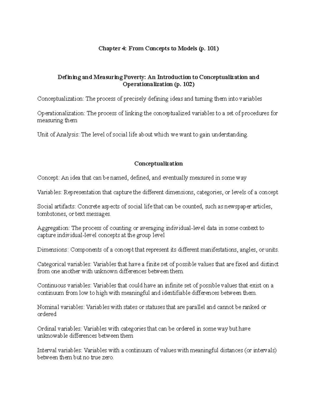 Ch. 4 Notes - Chapter 4: From Concepts to Models (p. 101) Defining and ...