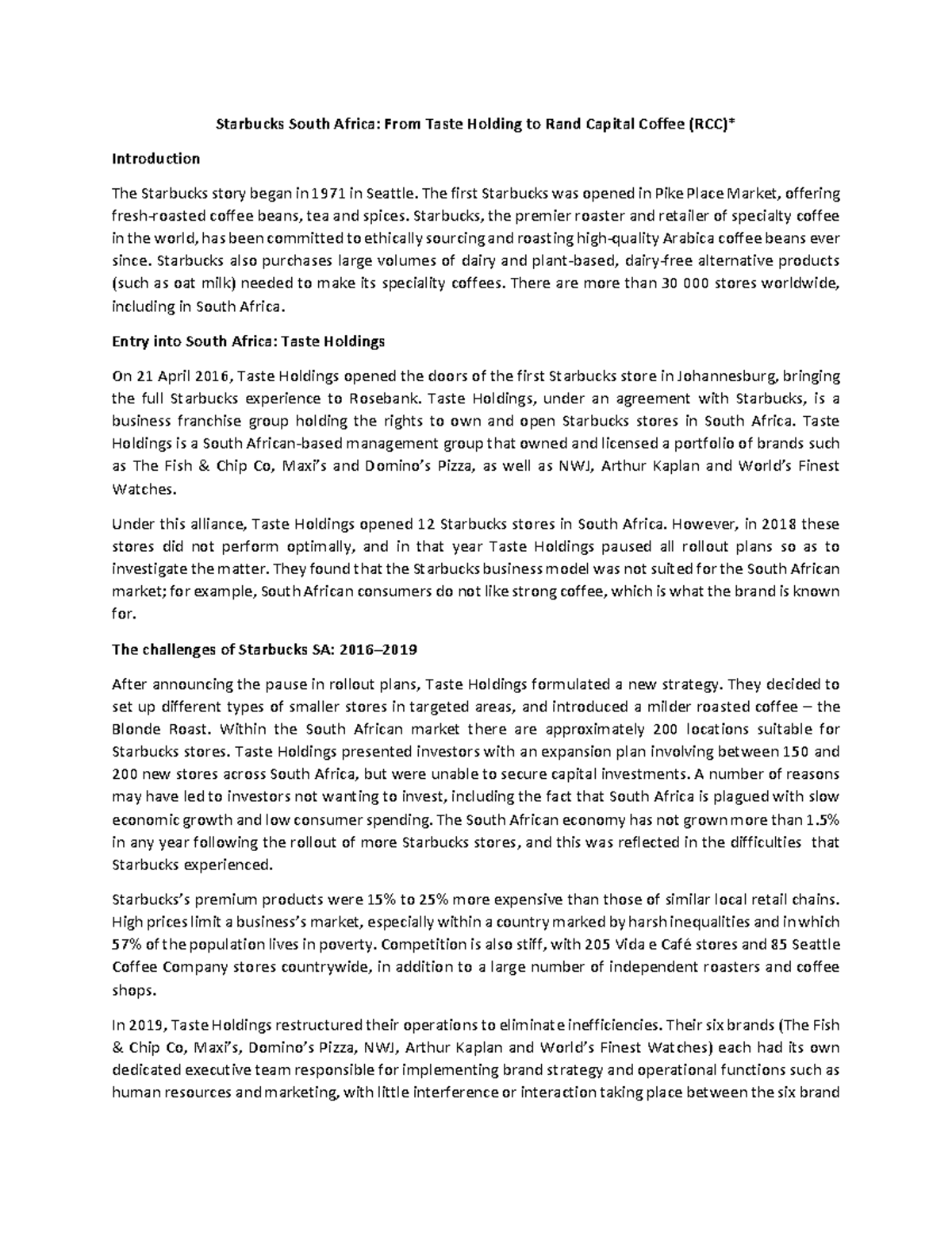 Starbucks case study - Starbucks South Africa: From Taste Holding to ...