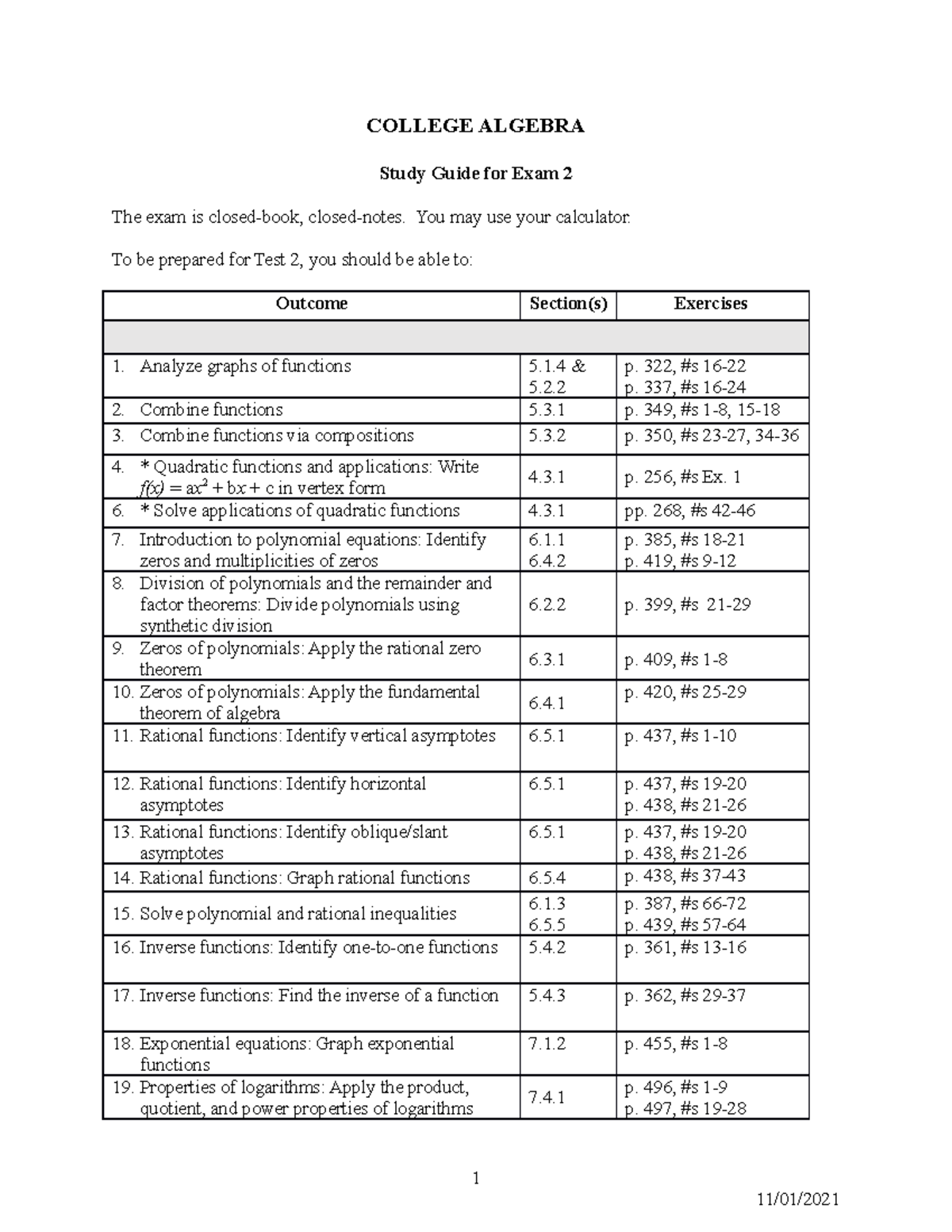 Study Guide for exam - COLLEGE ALGEBRA Study Guide for Exam 2 The exam ...