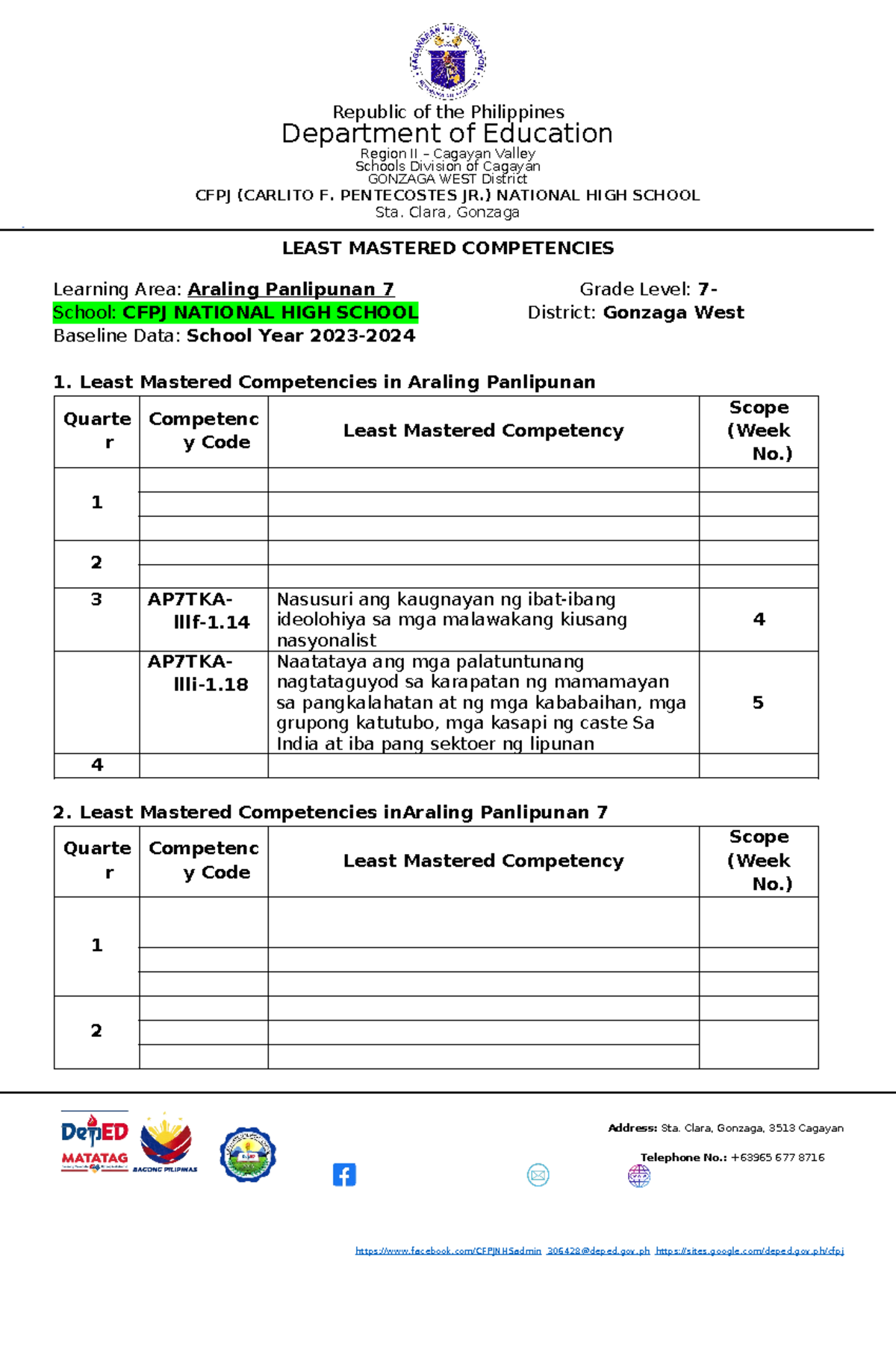 Ap7 Least Mastered Competency Republic Of The Philippines Department