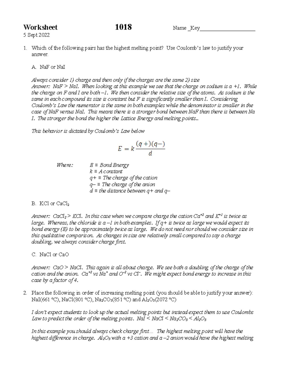 1018 Intermolecular Forces Key Fall 2022 - Worksheet 1018 Name Key ...