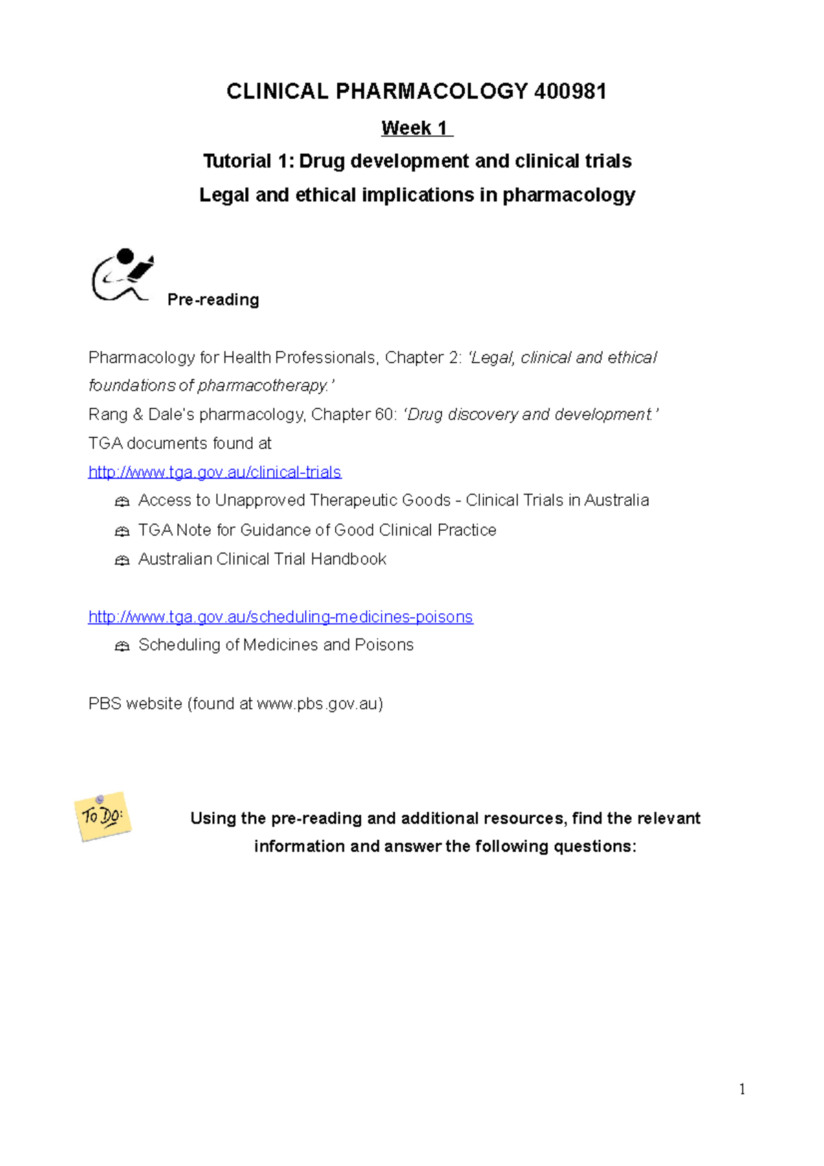 Week 1 Clinical Pharmacology 400981 Tutorial worksheet - CLINICAL ...