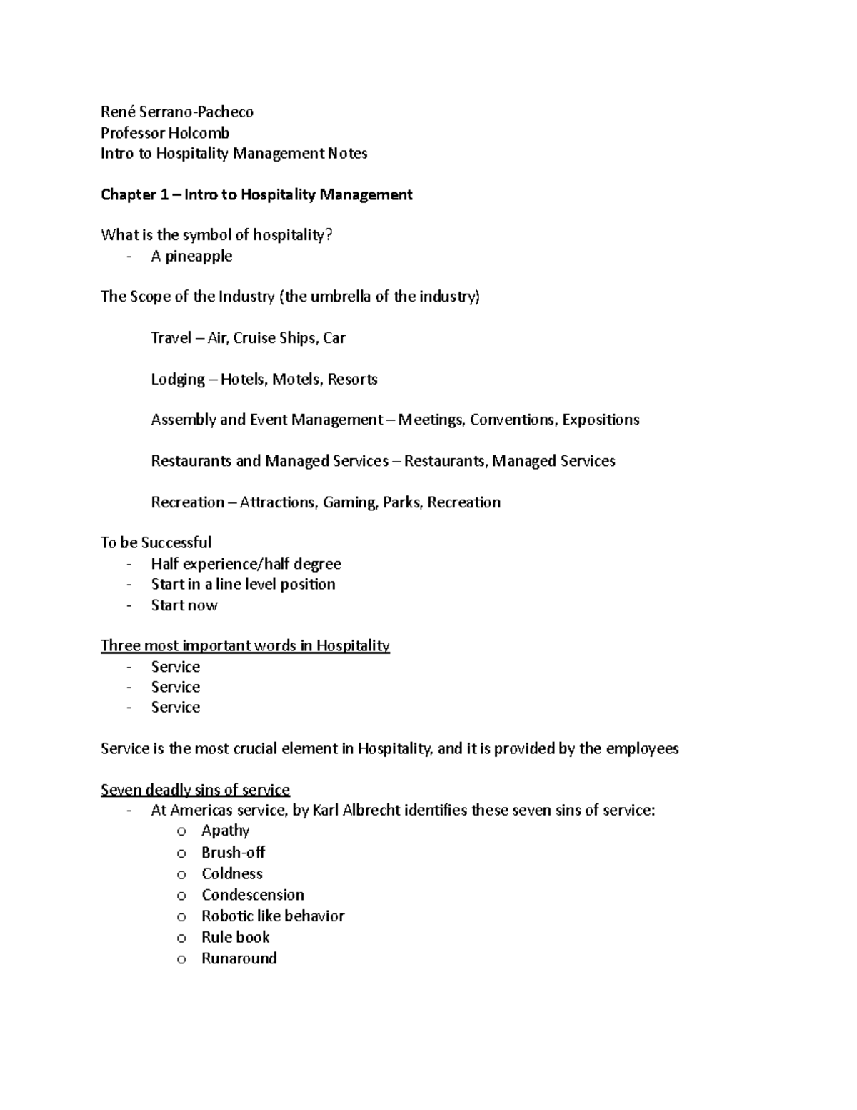 Intro to Hospitality Management Notes - René Serrano-Pacheco Professor ...