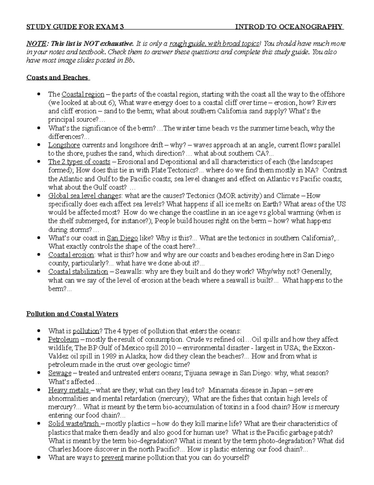 Study Guide EXAM 3 - STUDY GUIDE FOR EXAM 3 INTROD TO OCEANOGRAPHY NOTE ...