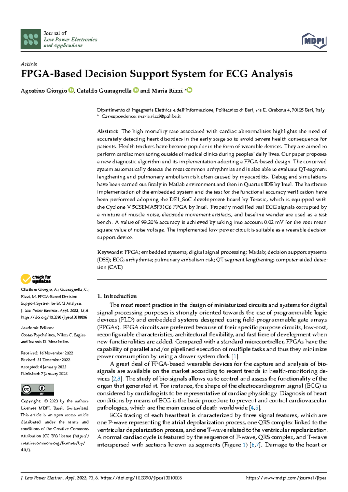 FPGA based decision system - Citation: Giorgio, A.; Guaragnella, C ...