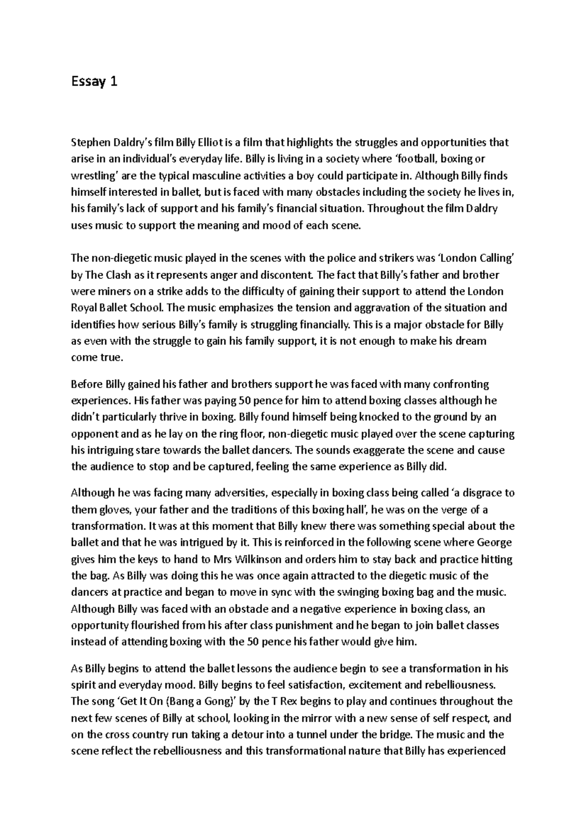 English - billy elliot essays - Essay 1 Stephen Daldry’s film Billy ...