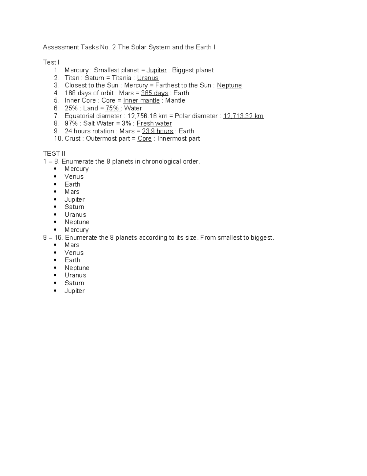 Assessment Tasks No. 2 The Solar System and the Earth I - Assessment ...