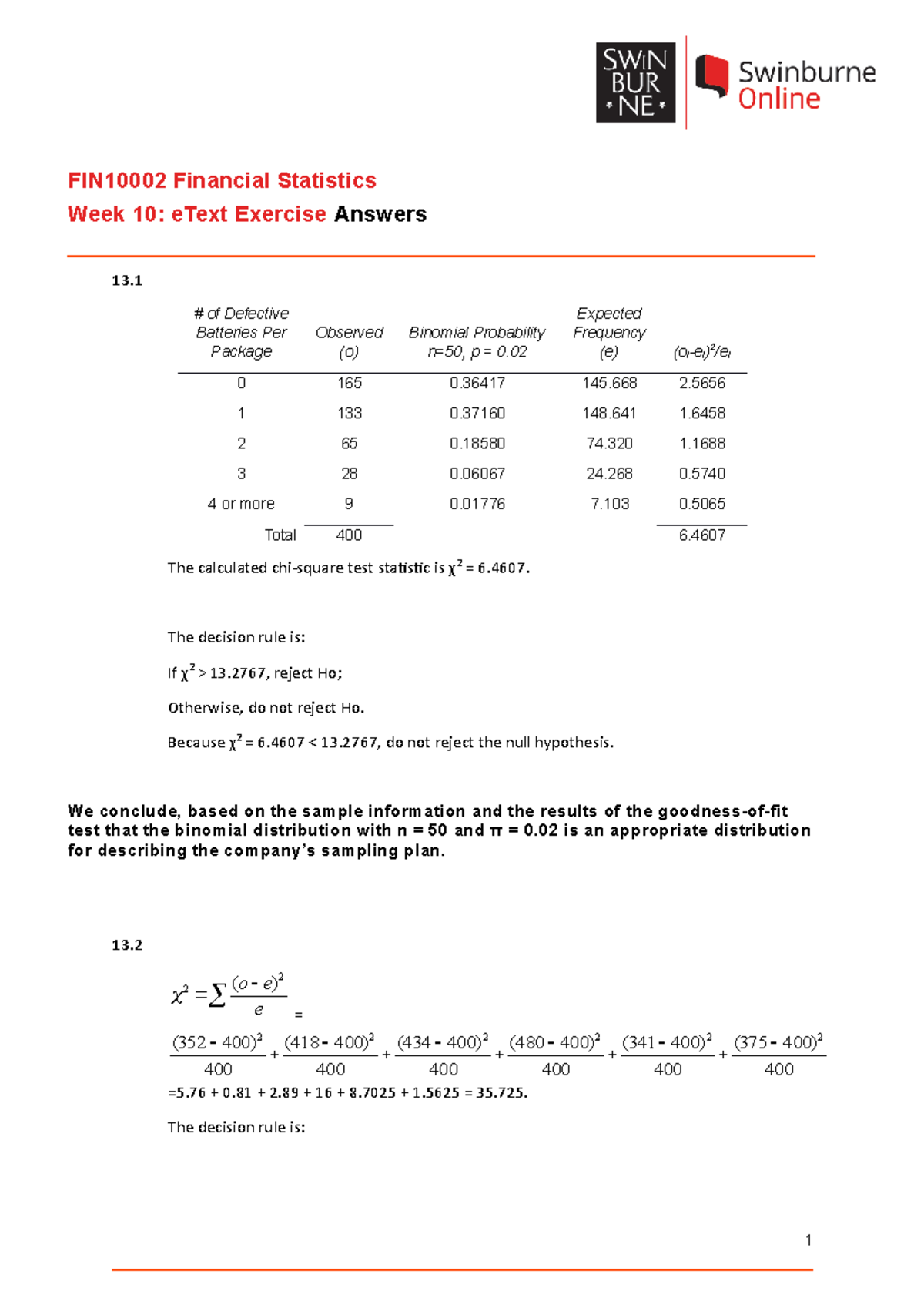 FIN10002 exercise answer week10 - FIN10002 Financial Statistics Week 10: eText Exercise Answers ...