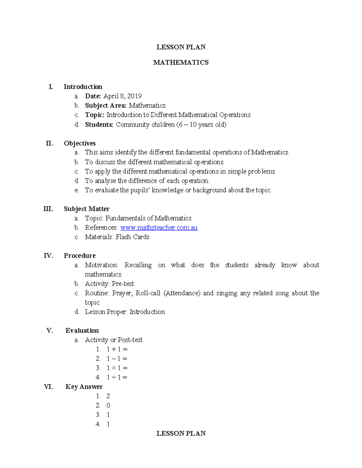 Lesson-Plan-1 nstp - SAMPLE LP - MATHEMATICS I. Introduction a. Date ...