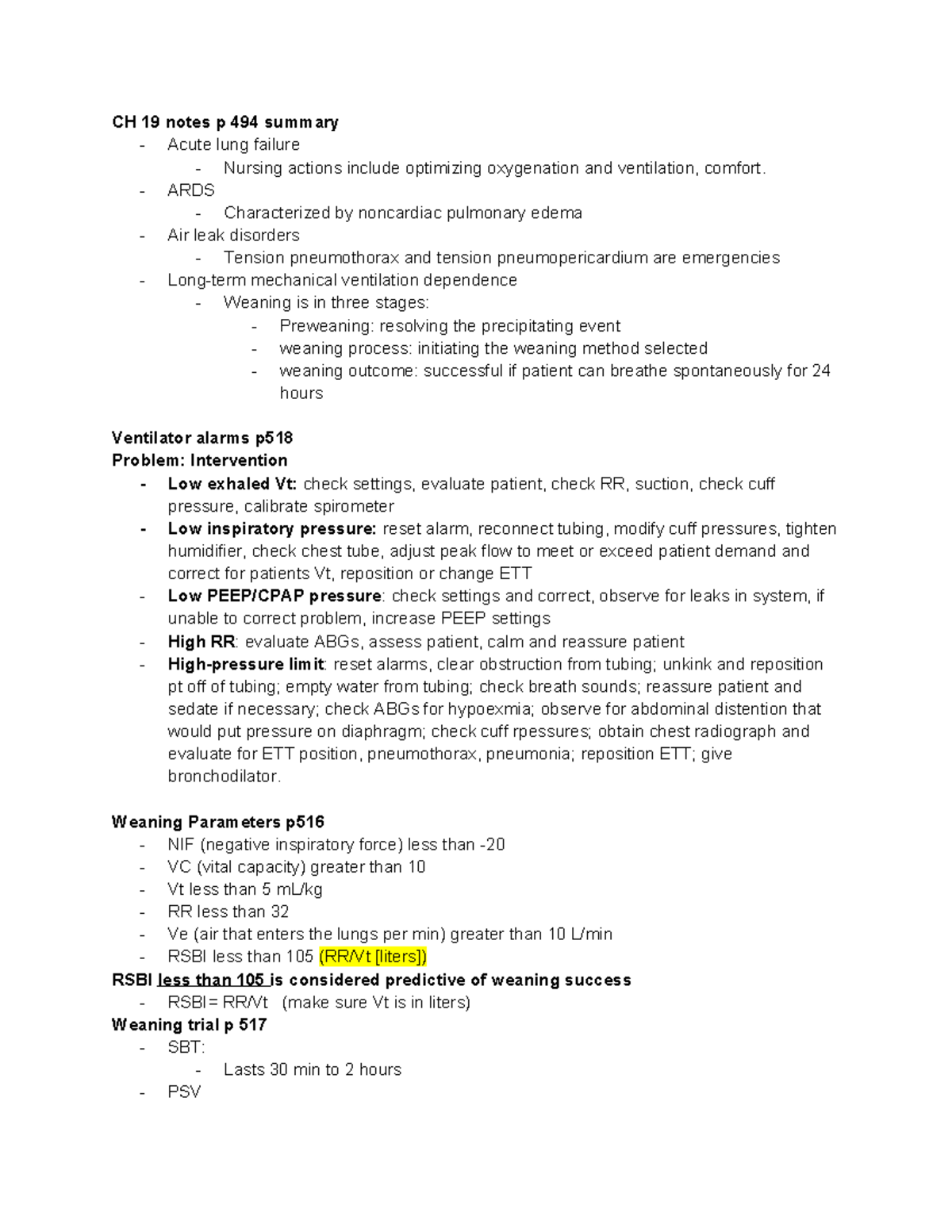 Critical Care notes exam 1 - CH 19 notes p 494 summary - Acute lung ...