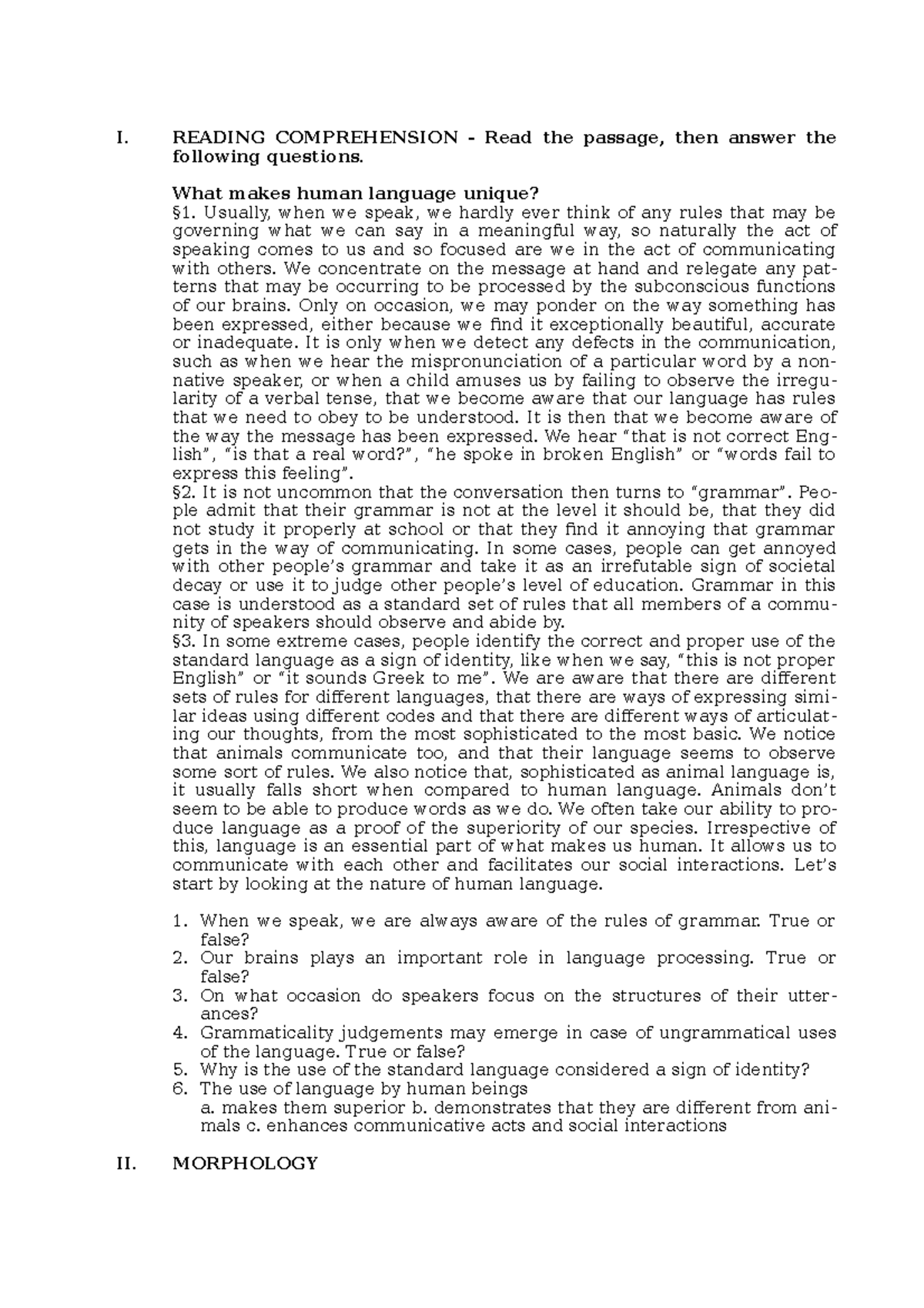 Reading Comprehension- Practice 3 - I. READING COMPREHENSION - Read the passage, then answer the ...