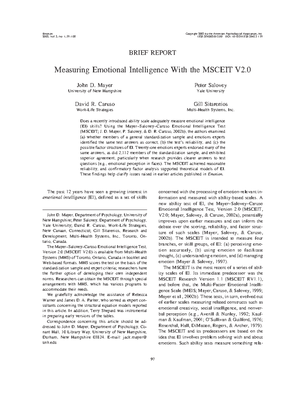 Measuring Emotional Intelligence With the Msceit V2 - BRIEF REPORT ...