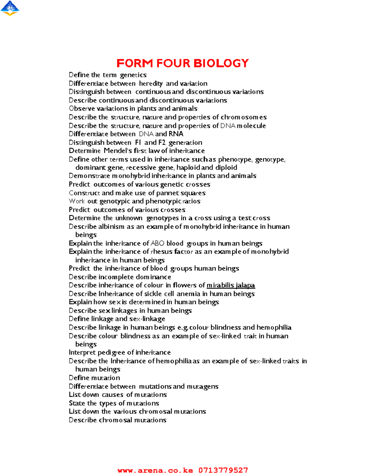 FORM FOUR Biology - 2024/2025 Notes - F O R M FOUR BI O L O G Y De fine ...