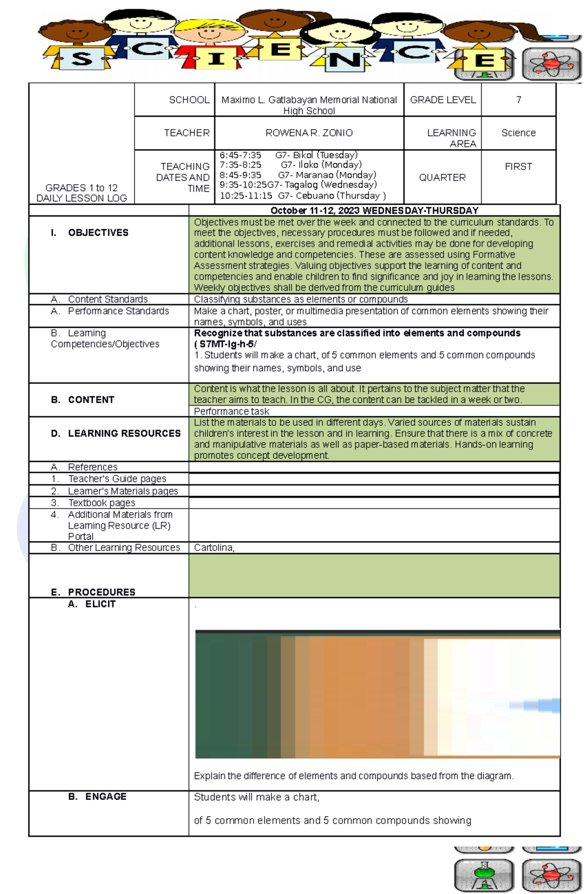Performance TASK Elements AND Compounds - GRADES 1 to 12 DAILY LESSON ...
