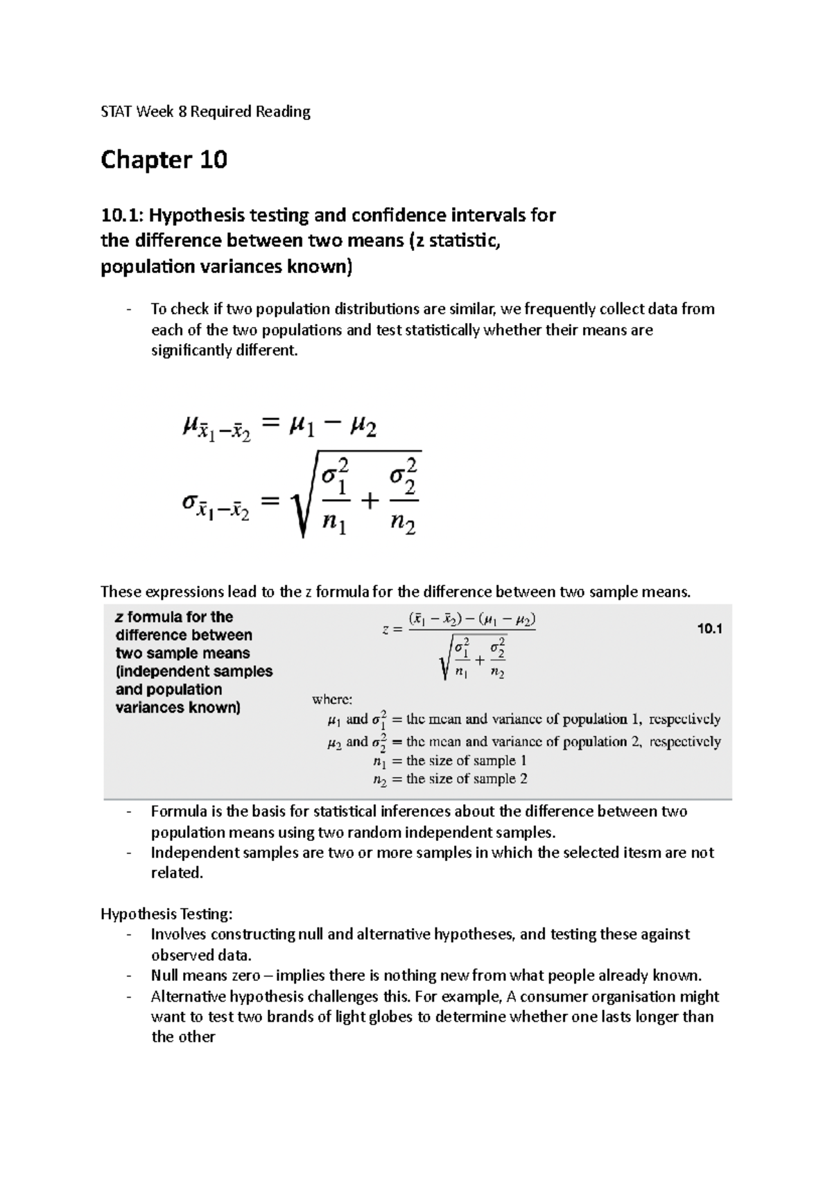 STAT Week 8, Chapter 10 - STAT Week 8 Required Reading Chapter 10 10 ...