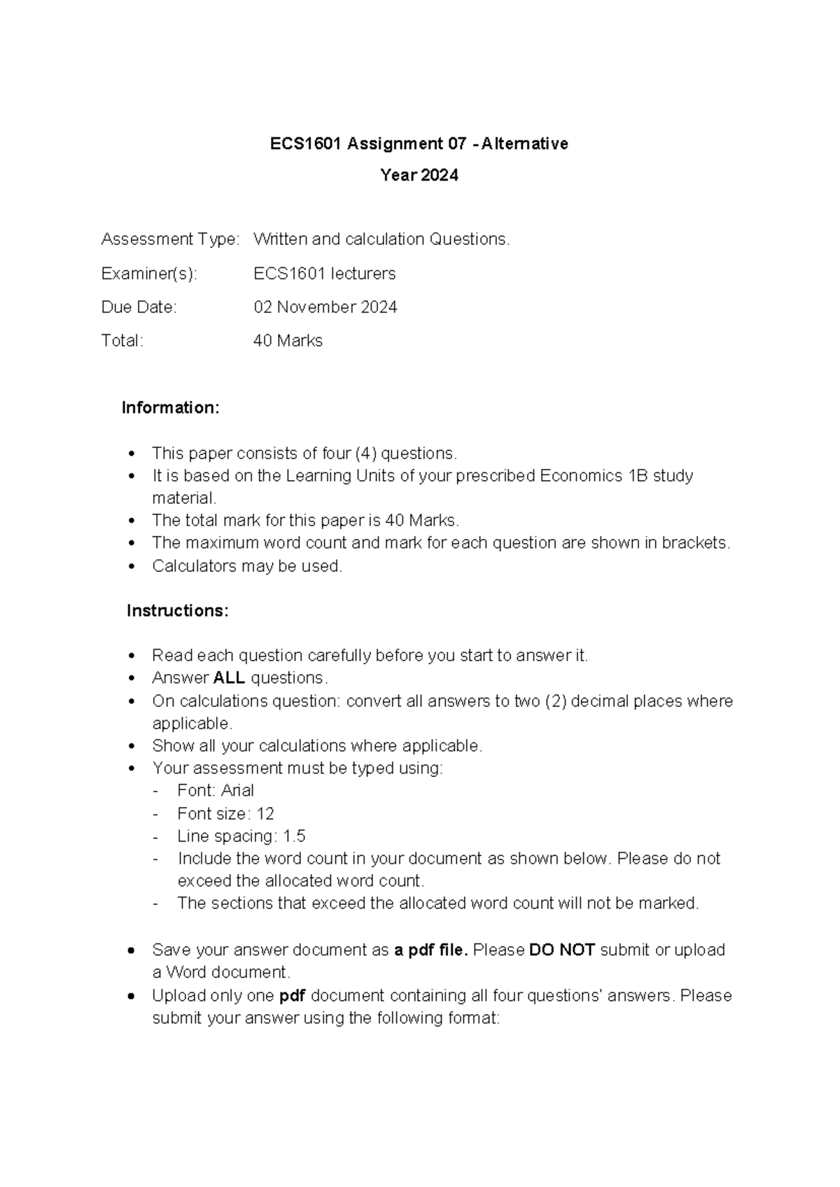 ECS1601 Assignment 07 - Alternative - ECS2601 - Unisa - Studocu