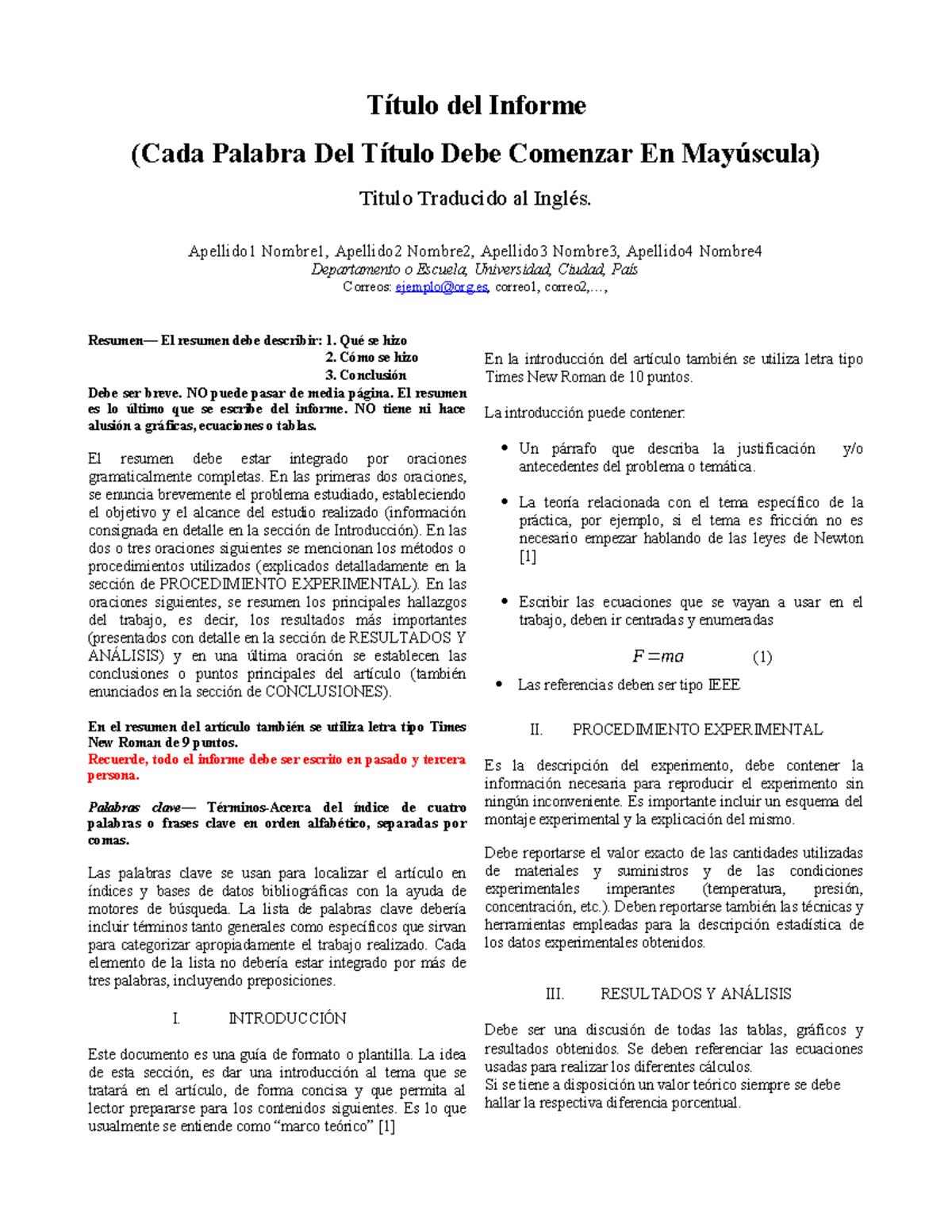 Formato Informe - Título del Informe (Cada Palabra Del Título Debe ...