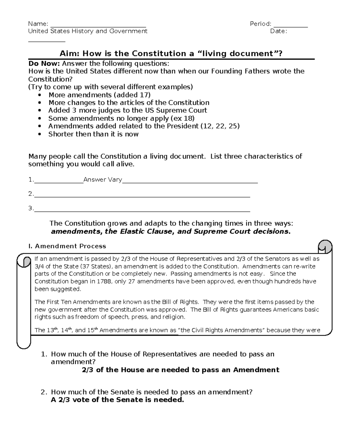 COnstitution a living document Lesson Key - Name ...