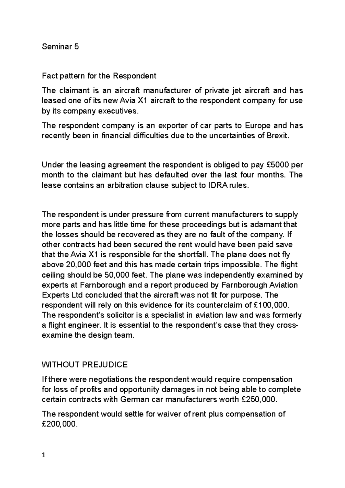 Fact Pattern for Respondent - Seminar 5 Fact pattern for the Respondent ...