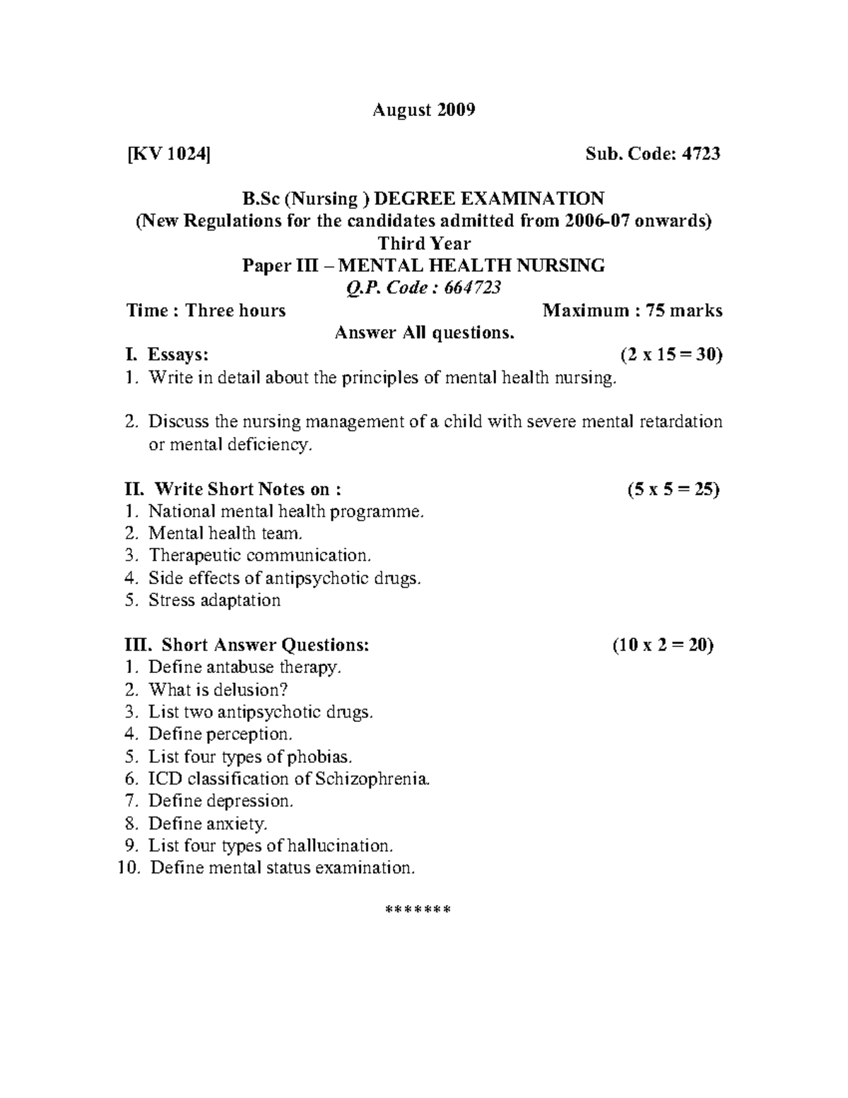 Mhn mgr qpb - Bsbsb - August 2009 [KV 1024] Sub. Code: 4723 B (Nursing ...