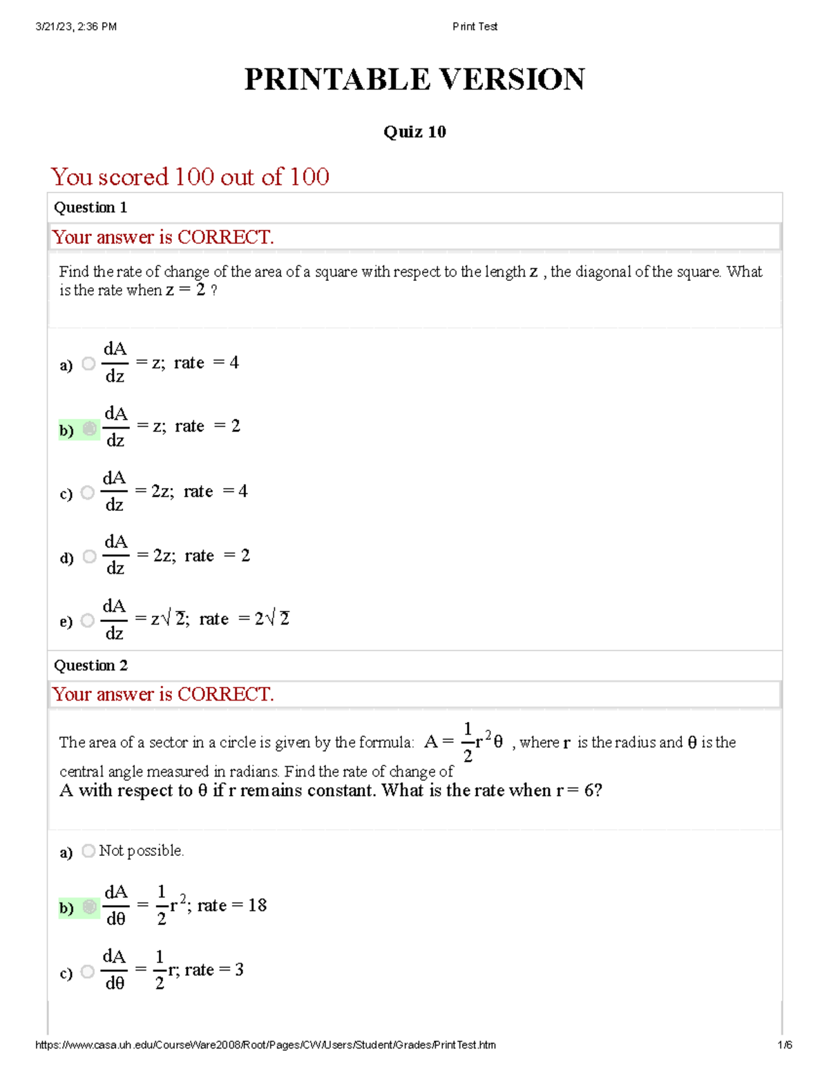 Quiz 10 - Quiz 10 - PRINTABLE VERSION Quiz 10 You scored 100 out of 100 ...