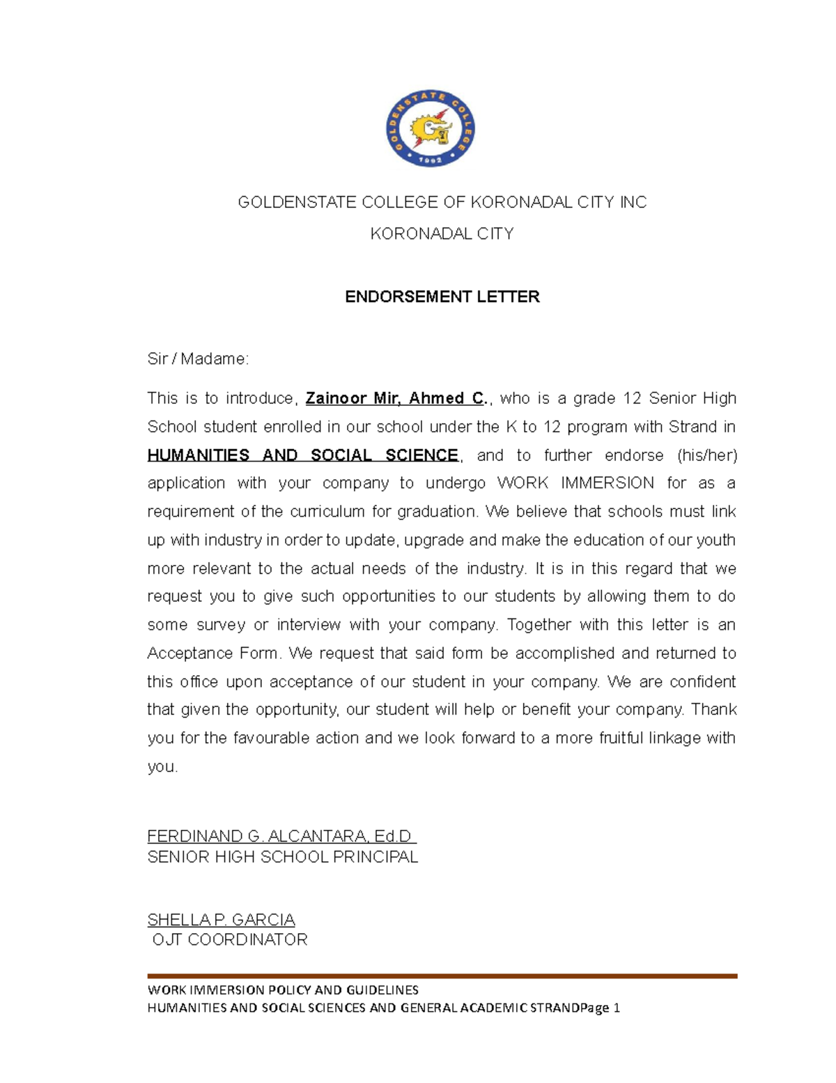 Student's OJT Portfolio - GOLDENSTATE COLLEGE OF KORONADAL CITY INC KORONADAL CITY ENDORSEMENT ...