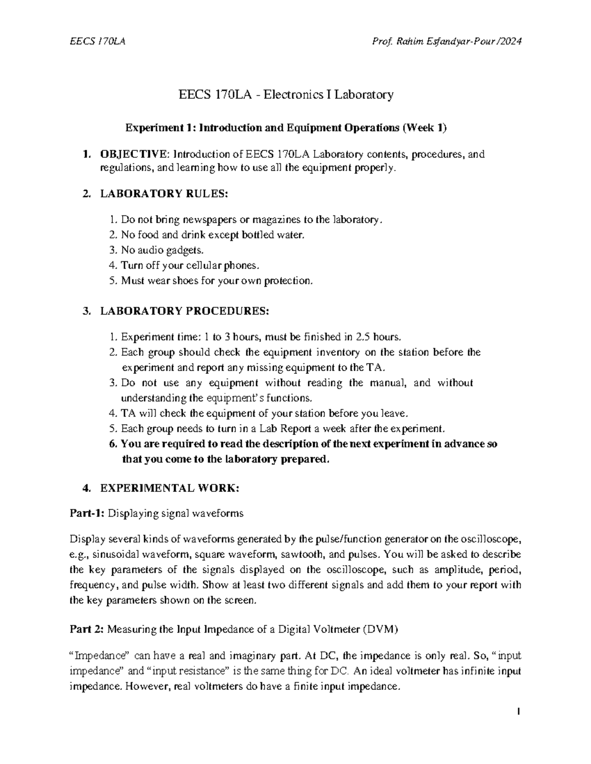 EECS 170 LA exp1 - EECS170A Lab1 - EECS 170LA Prof. Rahim Esfandyar-Pour /202 4 1 EECS 170LA ...