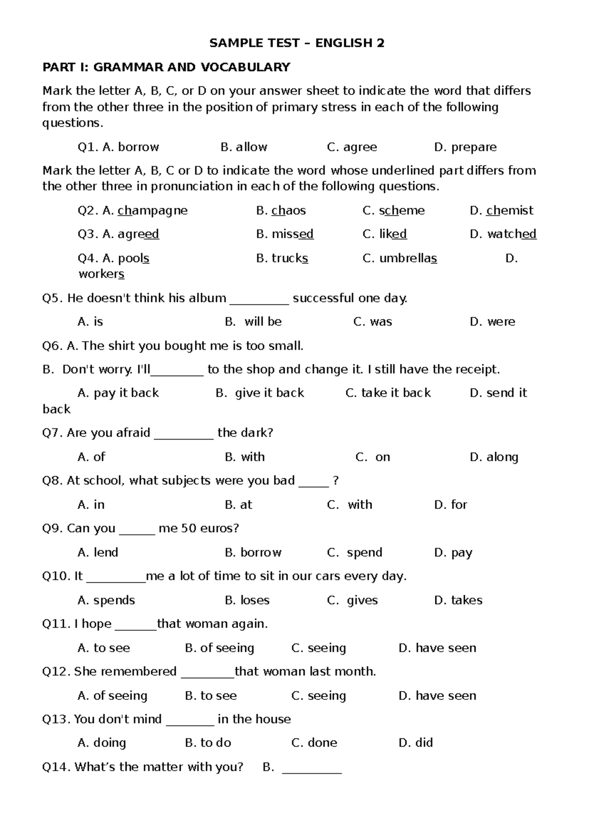 01. Sample Test AV2 - Eng - SAMPLE TEST – ENGLISH 2 PART I: GRAMMAR AND ...