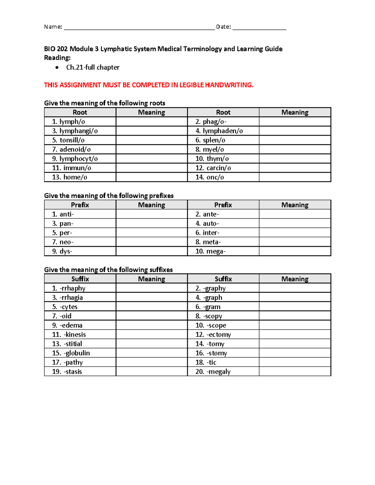 BIO 202 Module 3 Learning Guide-Lympahtic System - BIO 202 Module 3 Lymphatic System Medical ...