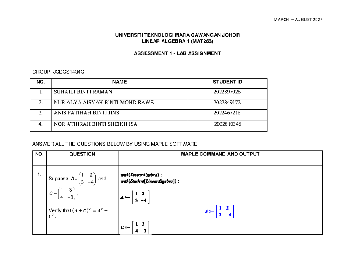 LAB Assignment for Linear Algebra - UNIVERSITI TEKNOLOGI MARA CAWANGAN ...