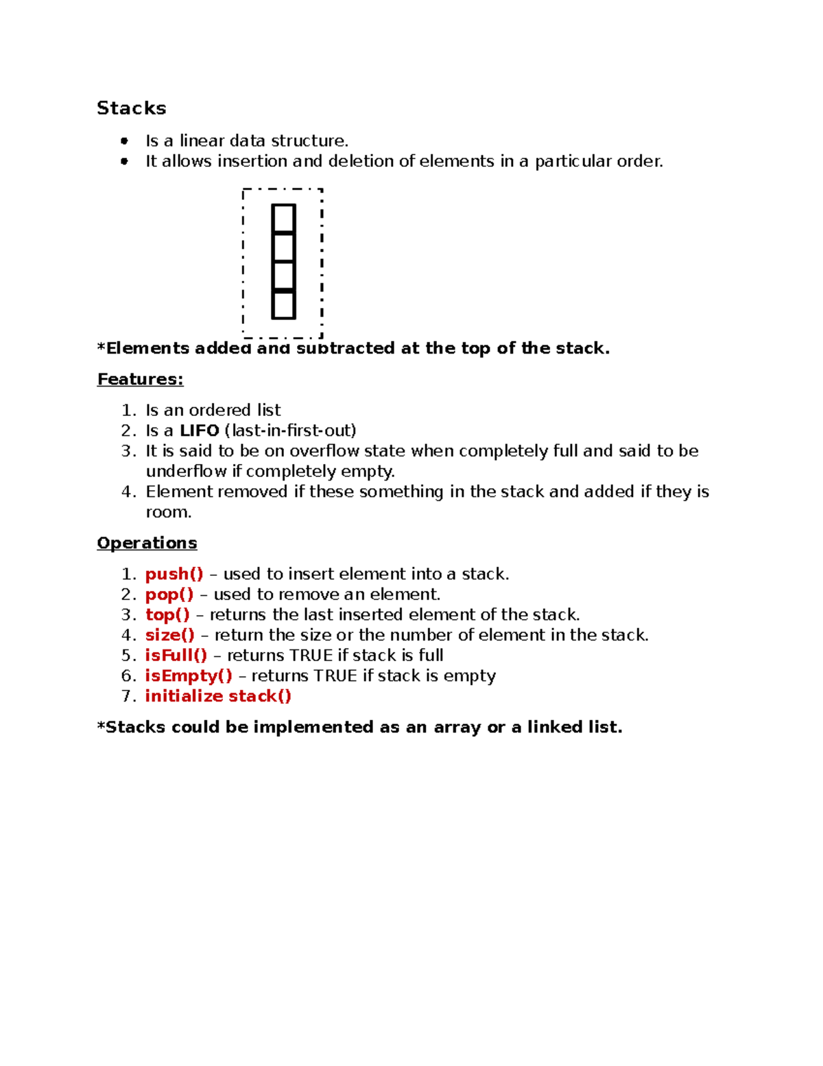 Stacks Notes Stacks Is A Linear Data Structure It Allows Insertion And Deletion Of Elements
