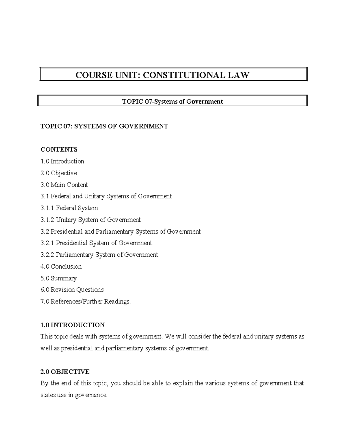Systems OF Government - Introducing law - COURSE UNIT: CONSTITUTIONAL ...