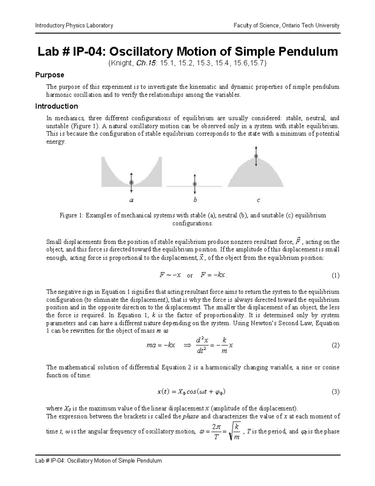 Pendulum - Lab # IP-04: Oscillatory Motion of Simple Pendulum (Knight ...