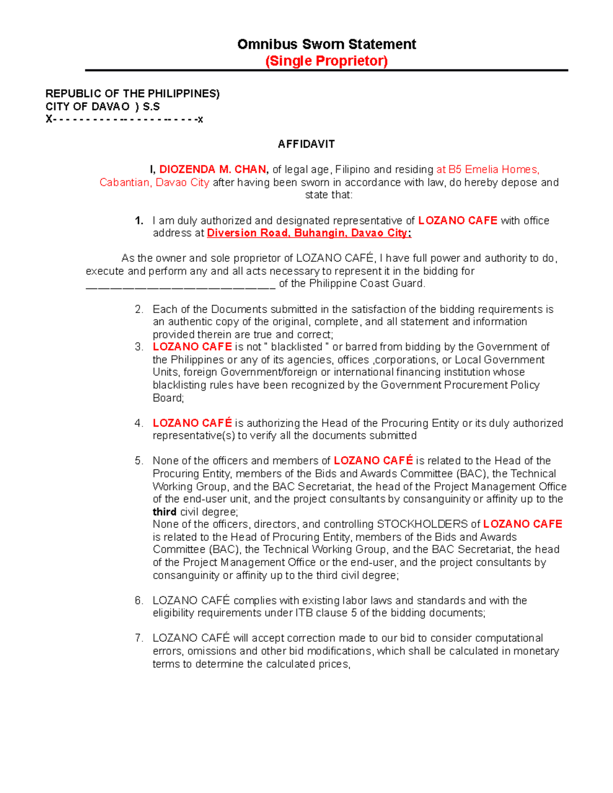 Omnibus Sample - None - Omnibus Sworn Statement (Single Proprietor ...