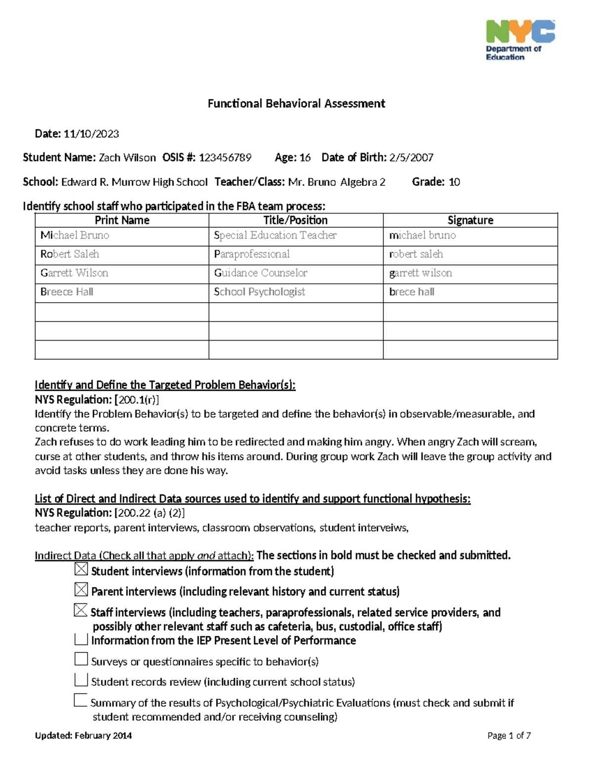 FBA doc -6 - FBA document - Functional Behavioral Assessment Date: 11 ...