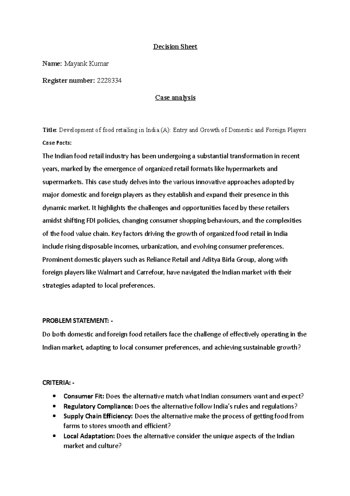 RTM Decision Sheet-1 - Notes - Decision Sheet Name: Mayank Kumar ...