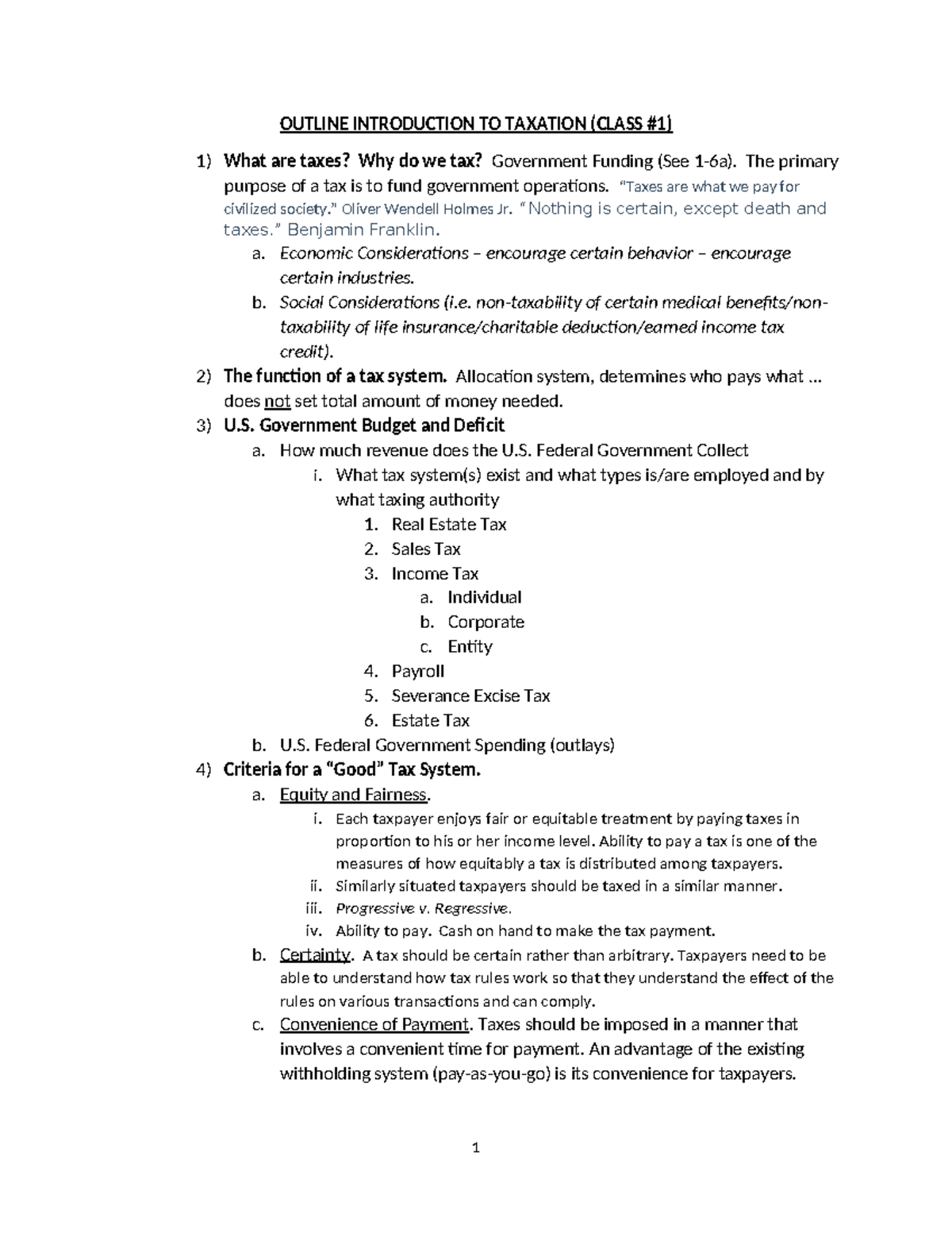 Outline Introduction - OUTLINE INTRODUCTION TO TAXATION (CLASS #1) 1 ...