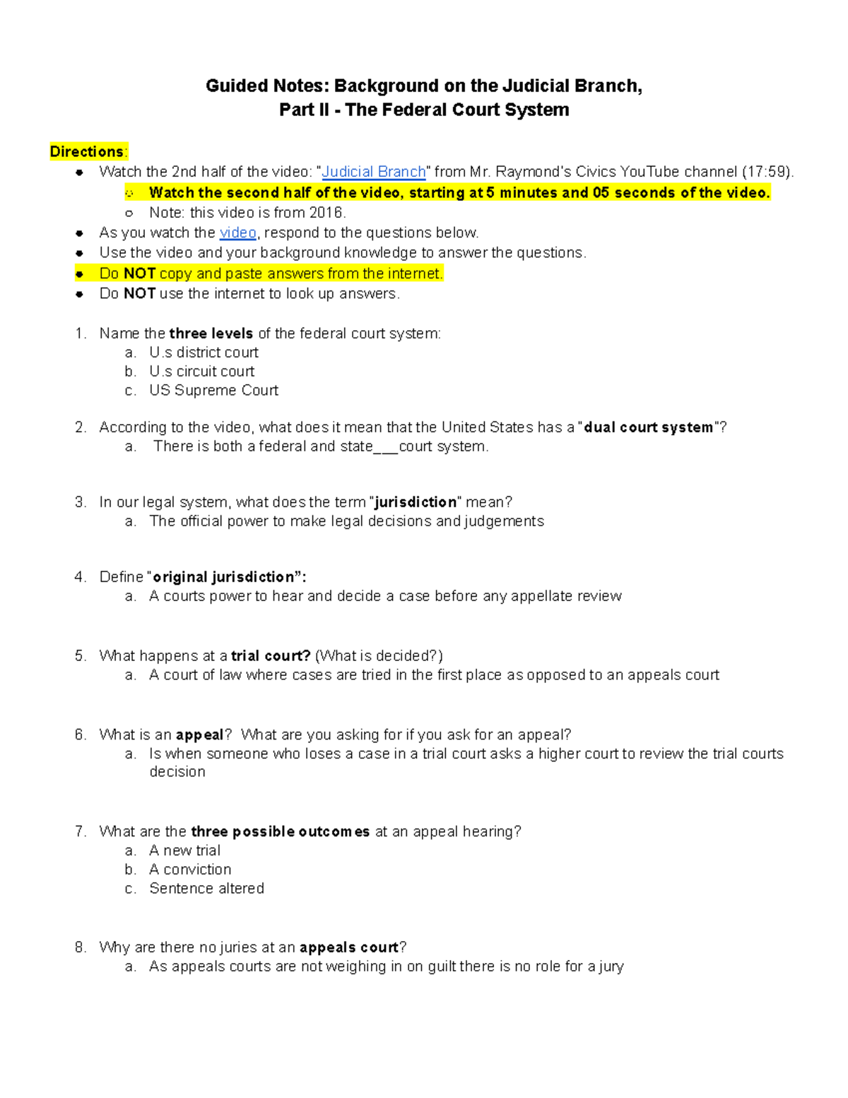 - Guided Notes Background on the Judicial Branch, Part II - The Federal ...