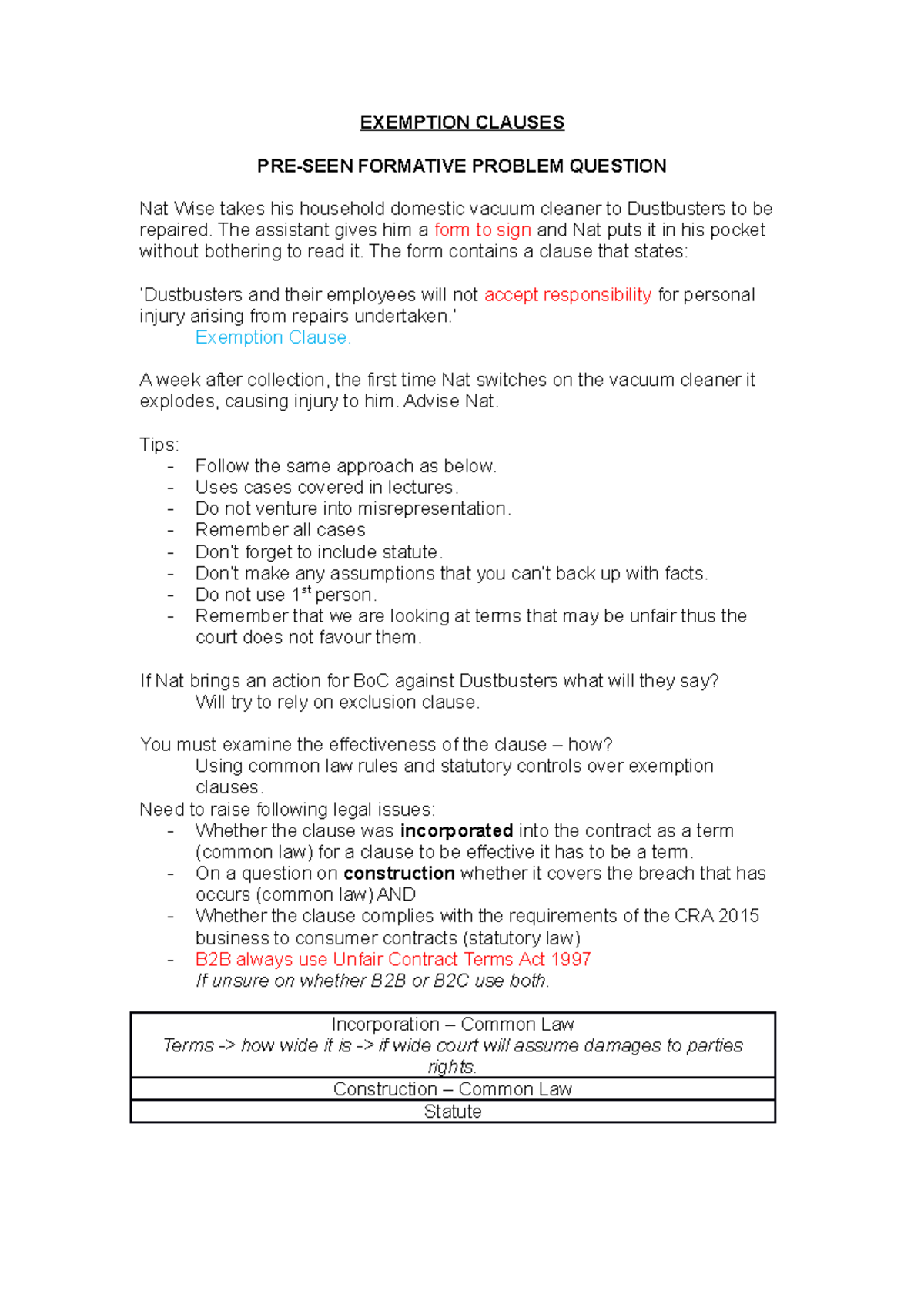 Exemption clause outline answer - EXEMPTION CLAUSES PRE-SEEN FORMATIVE ...