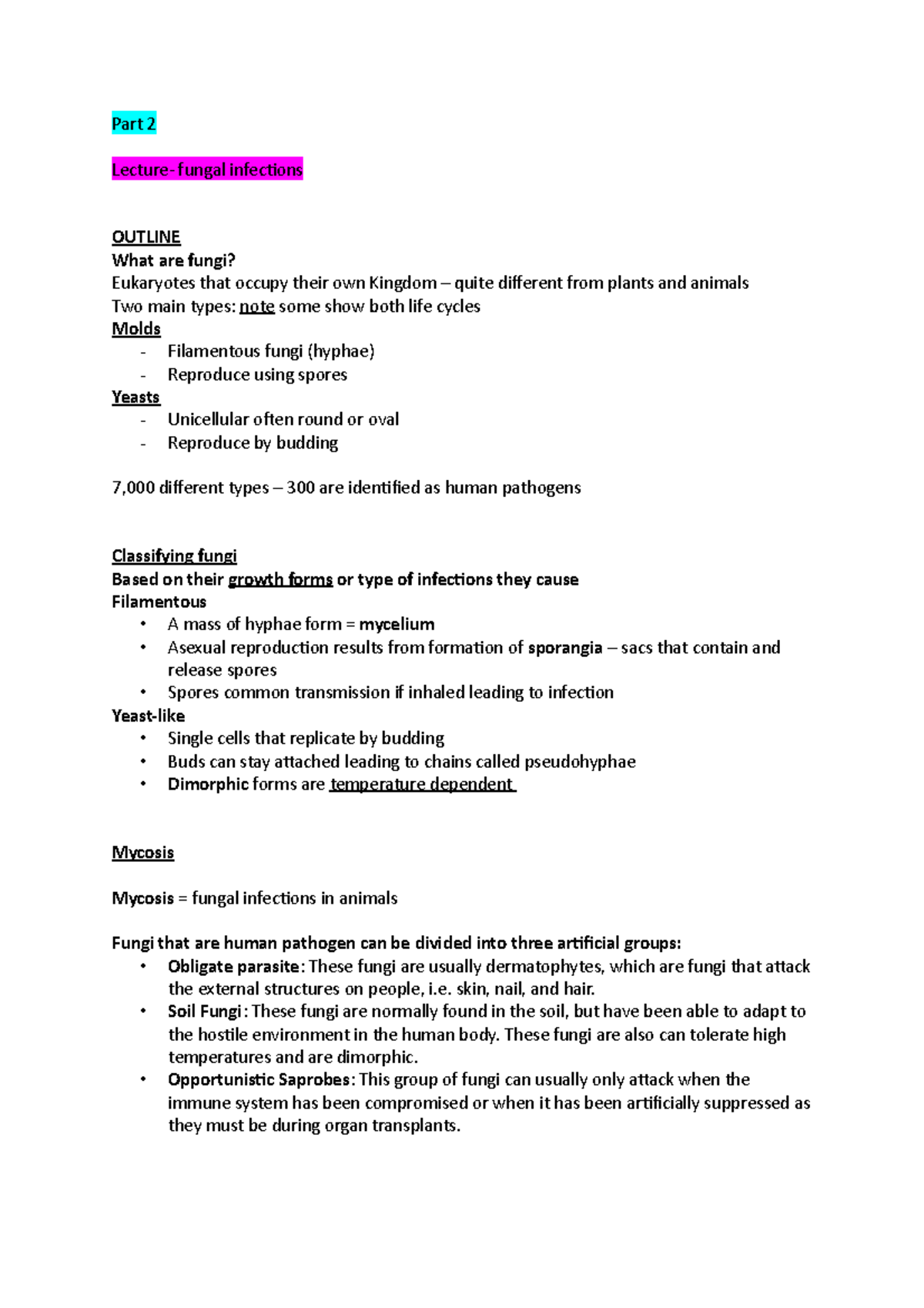 Week 23 part 5 - Lecture notes 10 - Part 2 Lecture- fungal infections ...