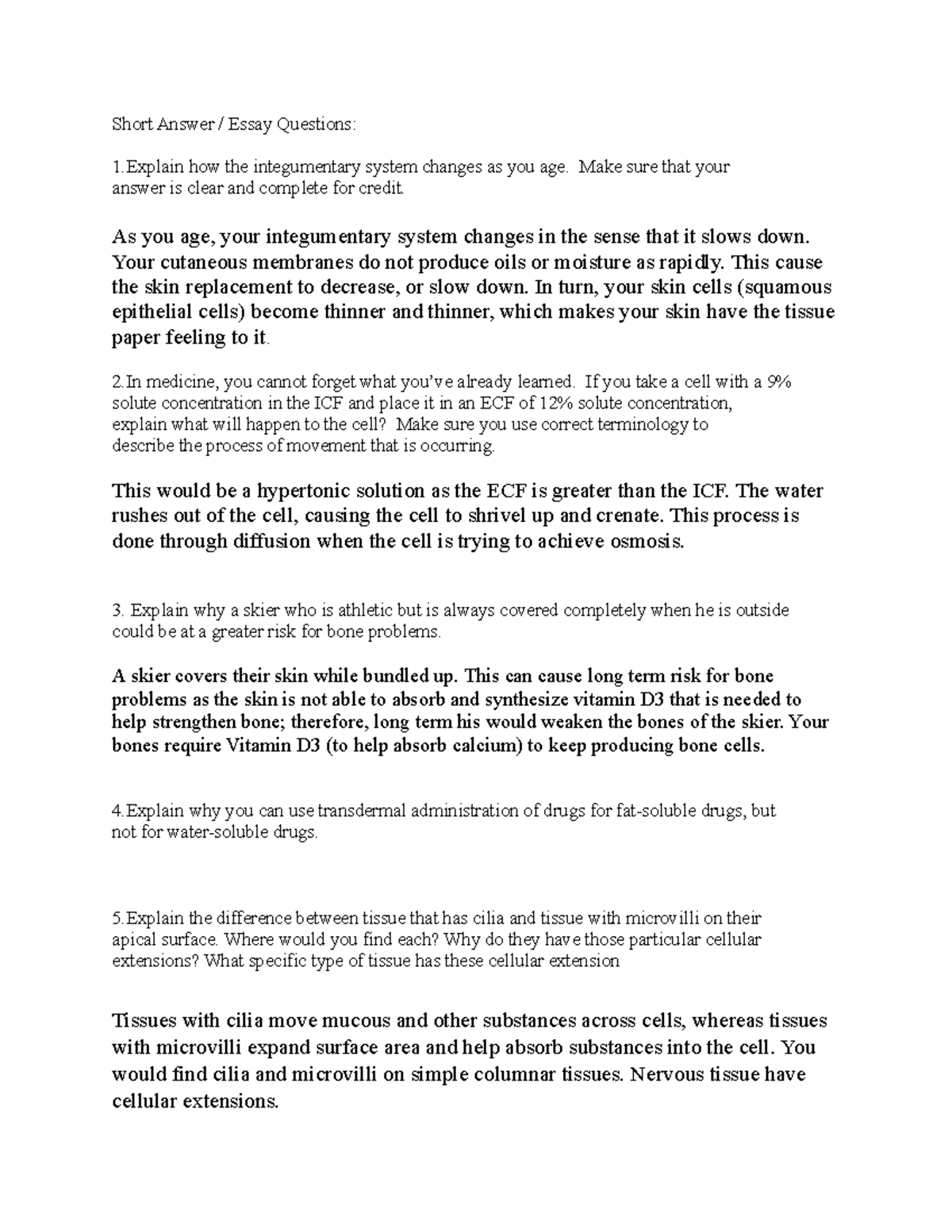 Short Answer Tissues and Integumentary - Short Answer / Essay Questions ...