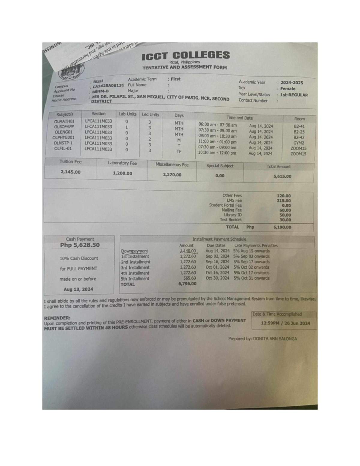 ICCT - Enrollment Slip - ONI pup age lee ICCT COLLEGES Rizal ...